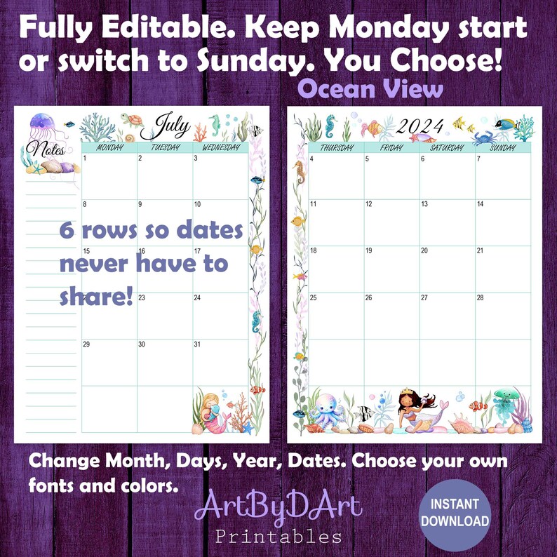 EDITABLE Mermaid Theme Printable Monthly Calendar for A5, US Letter ...