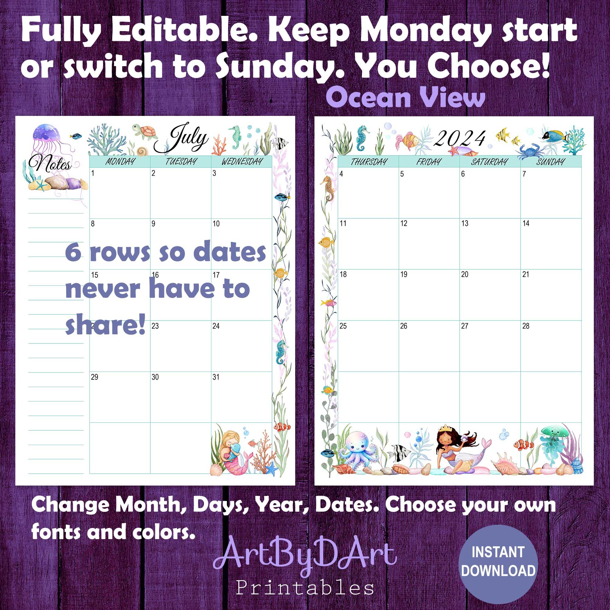 EDITABLE Mermaid Theme Printable Monthly Calendar for A5, US Letter ...