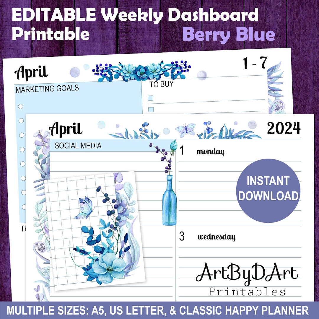 EDITABLE Floral Theme Printable Weekly Dashboard for A5, US Letter, and ...