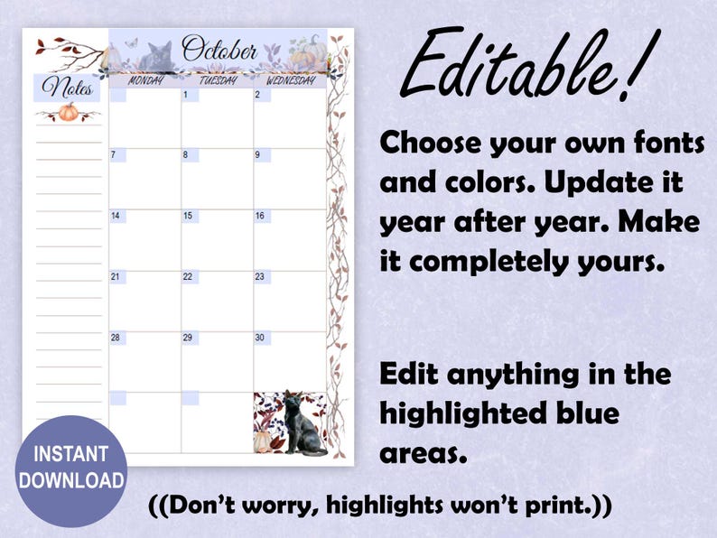 EDITABLE Halloween Theme Printable Monthly Calendar for A5, US Letter ...