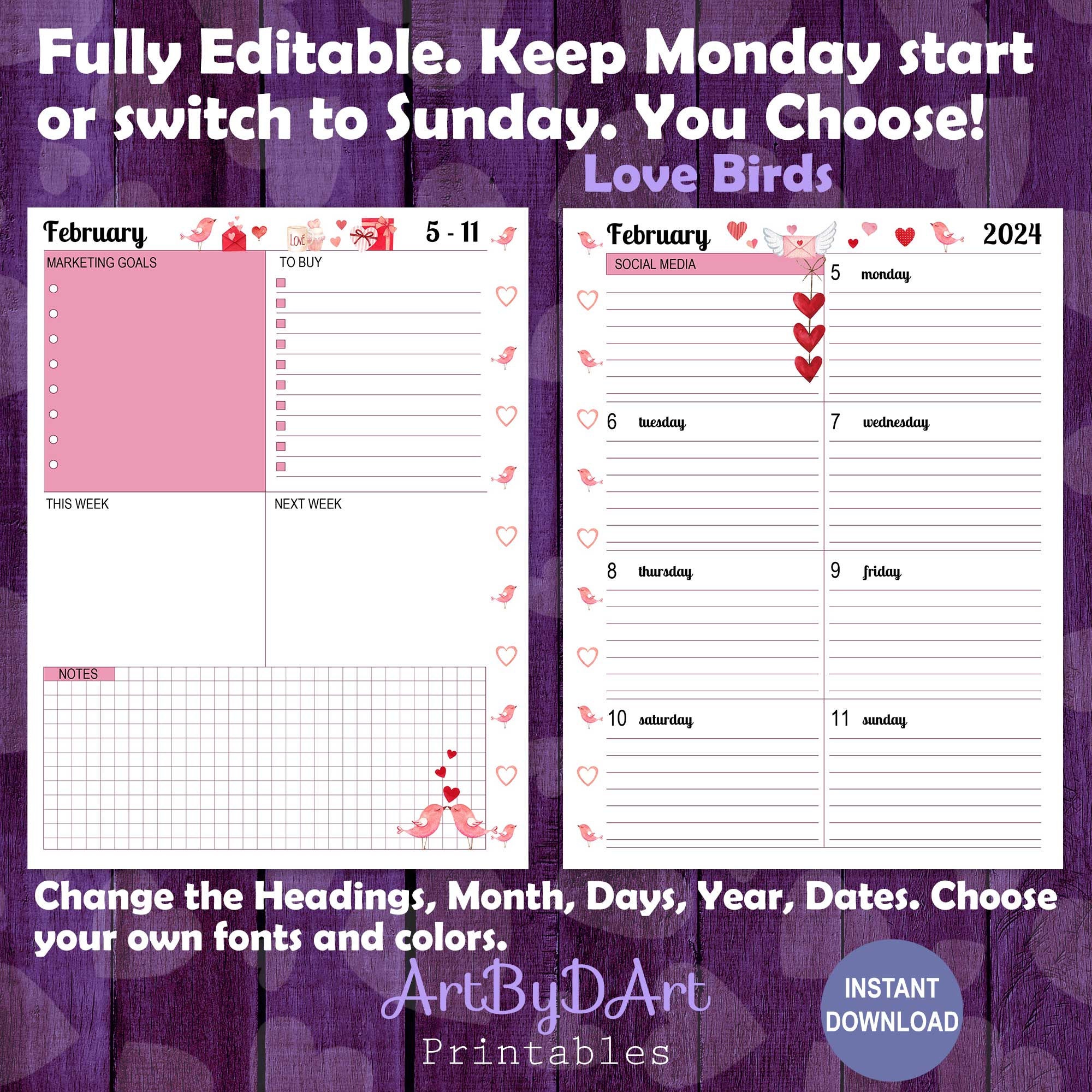 EDITABLE Valentine Theme Printable Weekly Dashboard for A5, US Letter ...