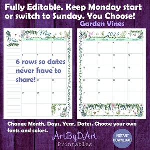 EDITABLE Plant Theme Printable Monthly Calendar for A5, US Letter, and ...