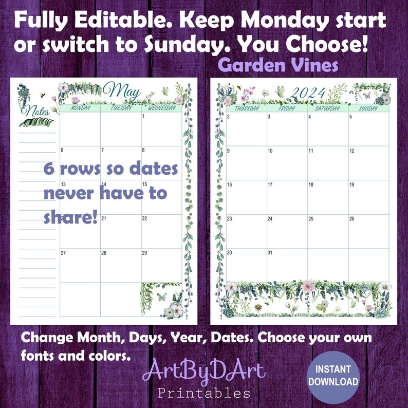 EDITABLE Plant Theme Printable Monthly Calendar for A5, US Letter, and ...