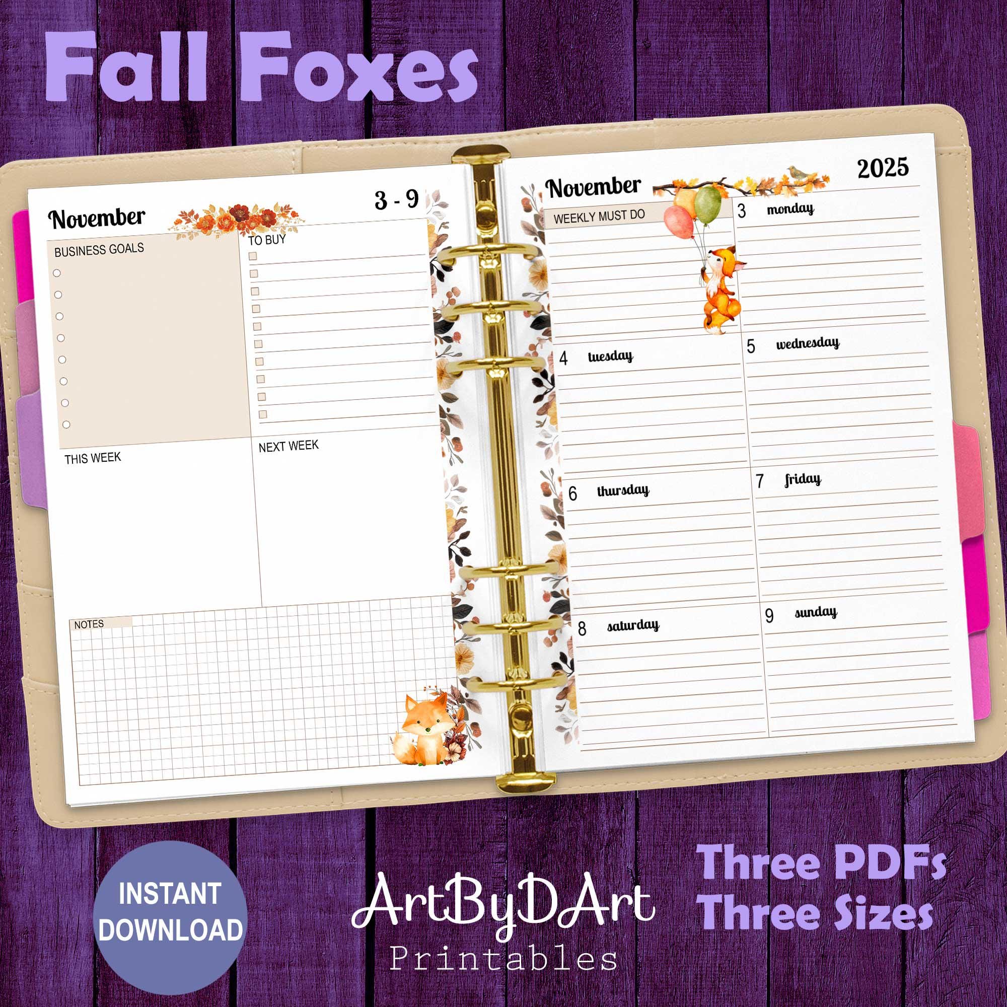 EDITABLE Autumn Fox Theme Printable Weekly Dashboard for A5, US Letter ...