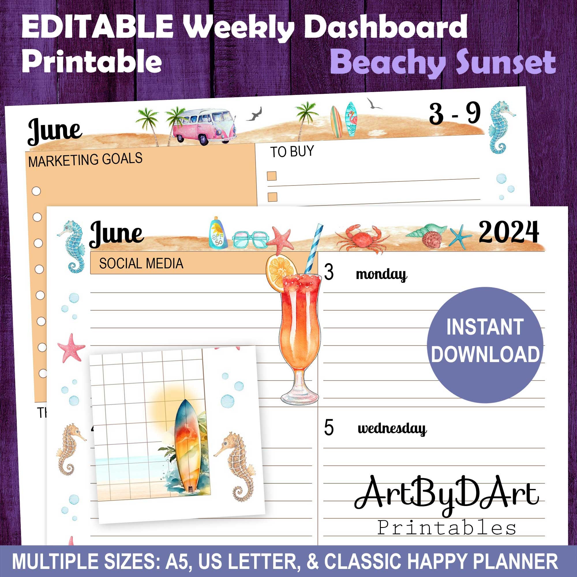EDITABLE Beach Theme Printable Weekly Dashboard for A5, US Letter, and ...