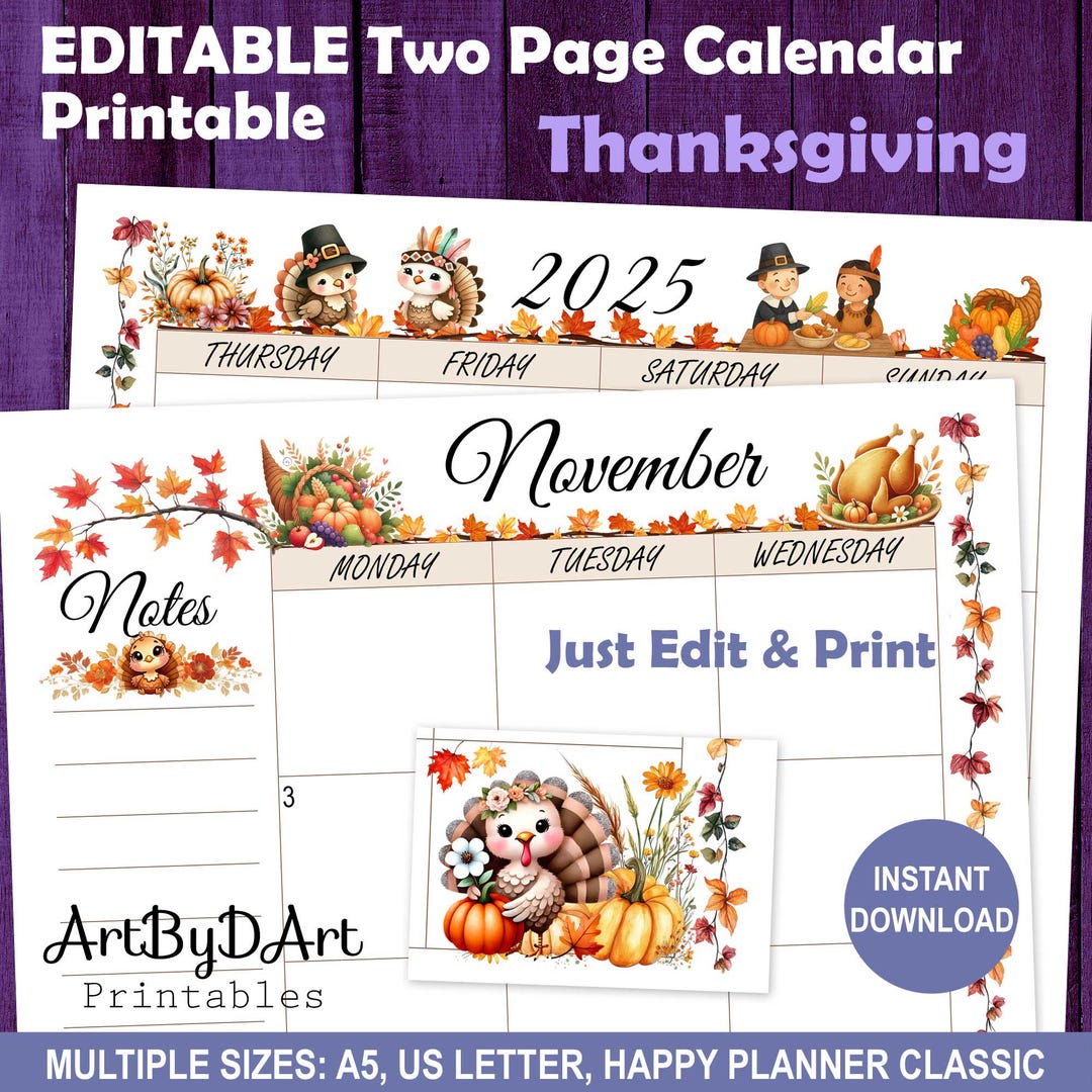 EDITABLE Thanksgiving Theme Printable Monthly Calendar for A5, US ...