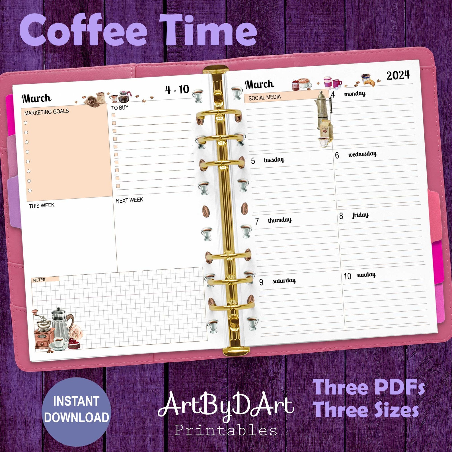 EDITABLE Coffee Theme Printable Weekly Dashboard for A5, US Letter, and ...