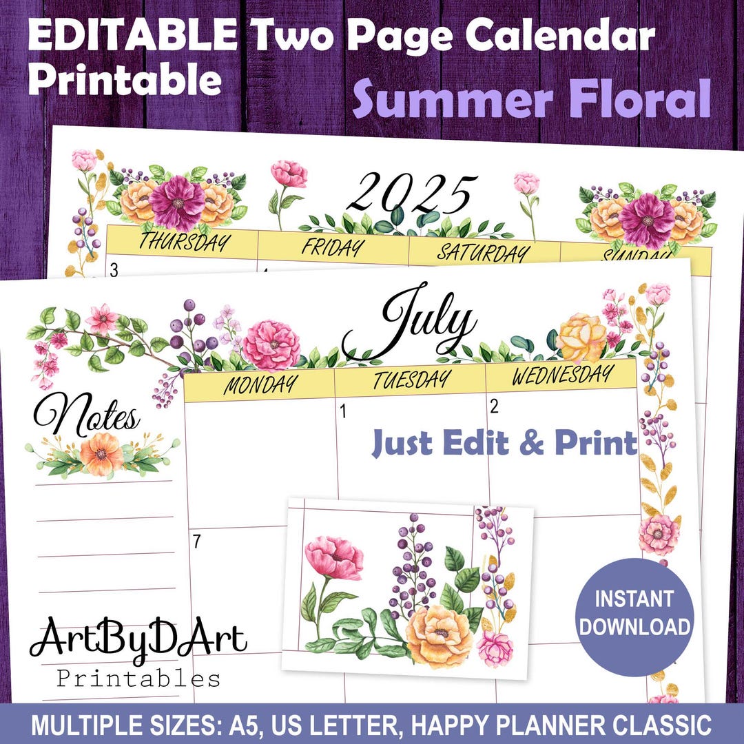 EDITABLE Floral Theme Printable Monthly Calendar for A5, US Letter, and ...