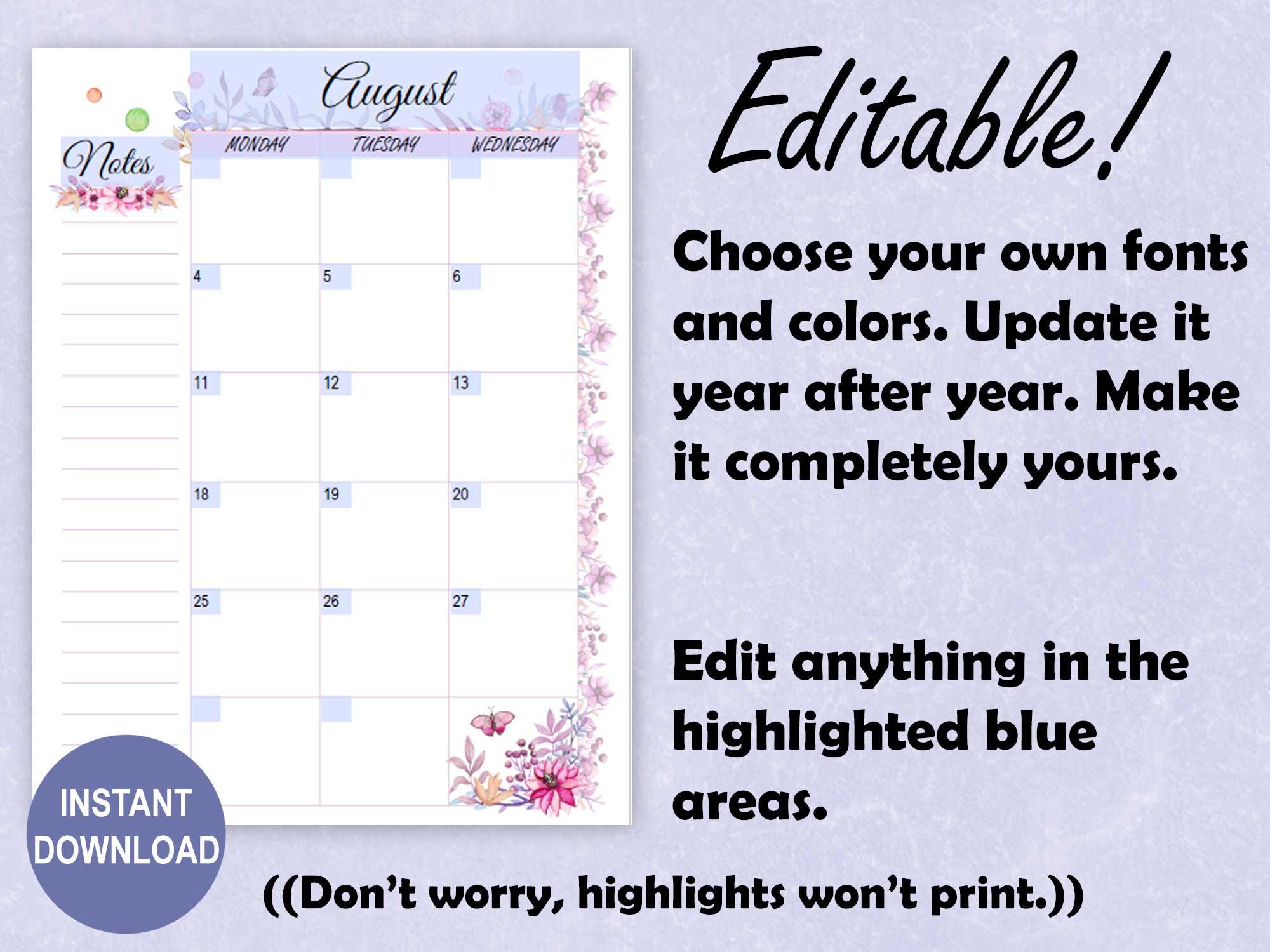 EDITABLE Floral Theme Printable Monthly Calendar for A5, US Letter, and ...