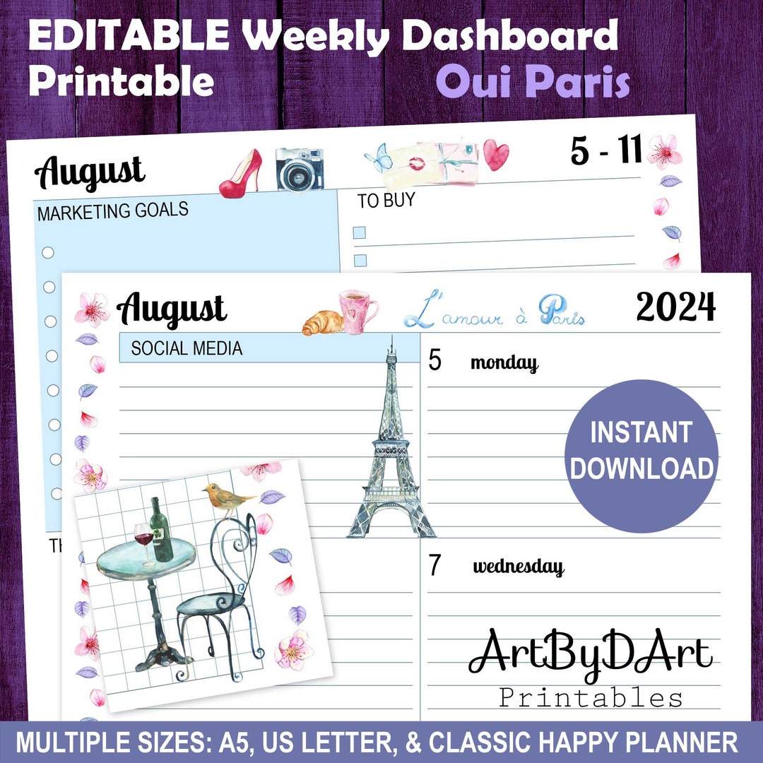 EDITABLE Parisian Theme Printable Weekly Dashboard for A5, US Letter ...