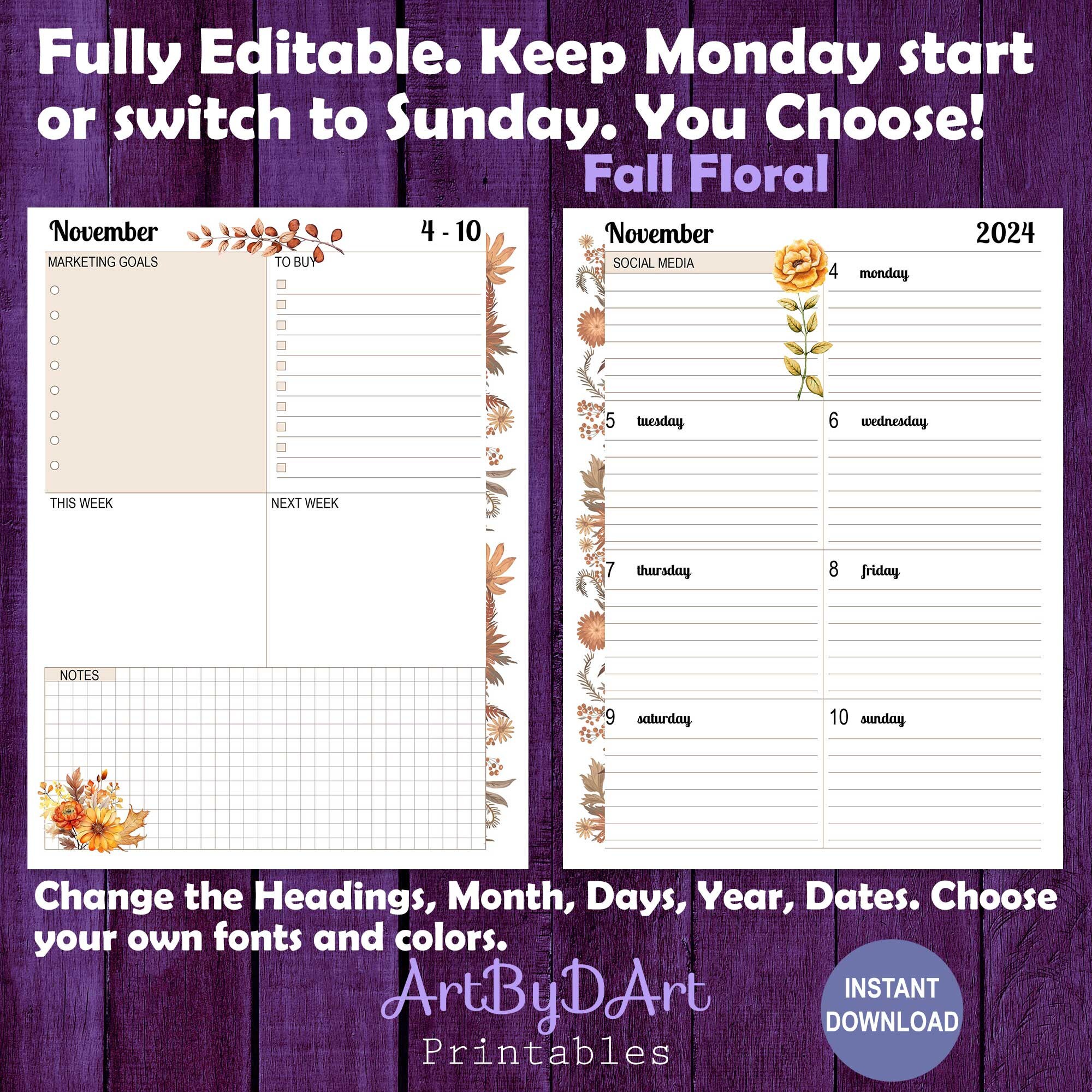 EDITABLE Autumn Theme Printable Weekly Dashboard for A5, US Letter, and ...