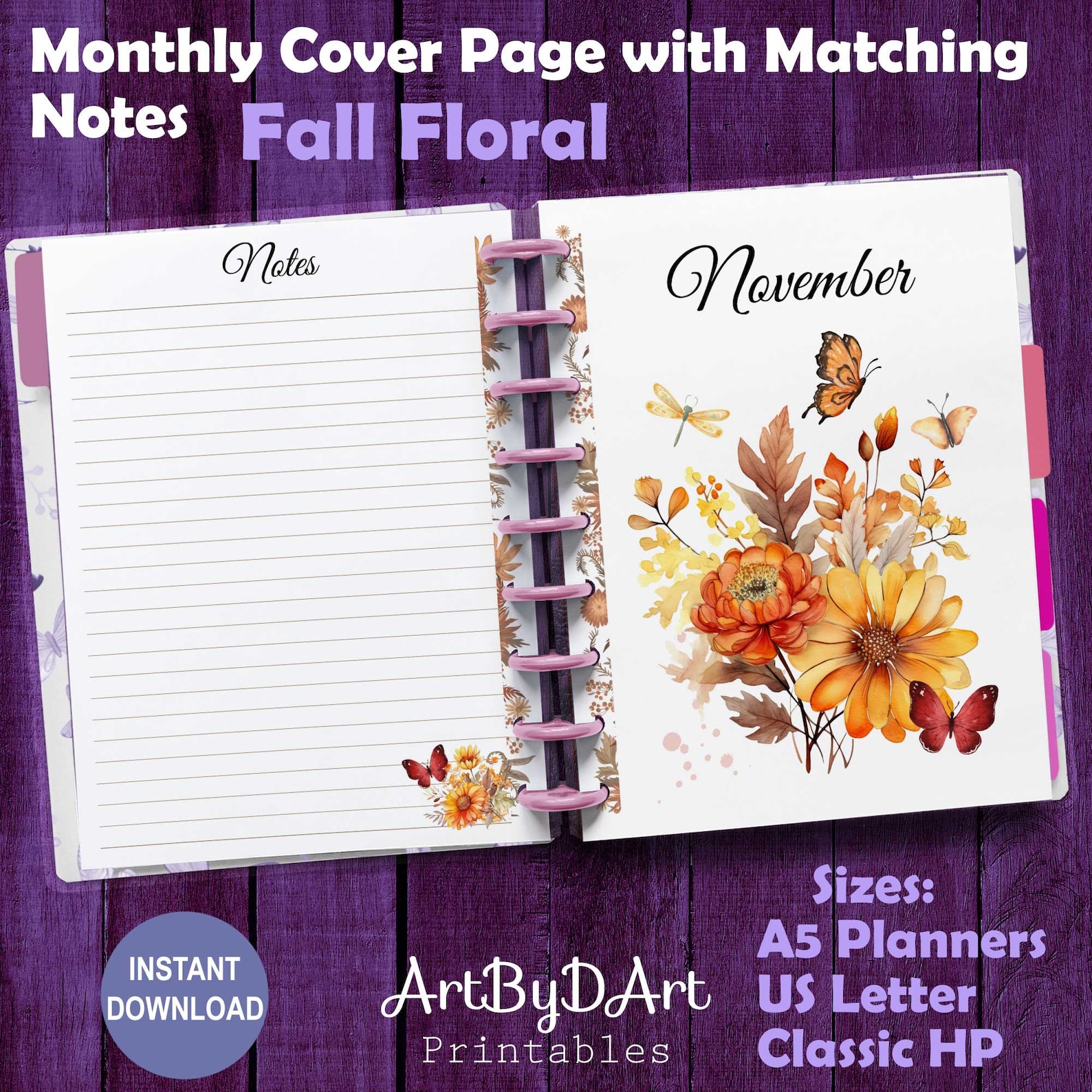 EDITABLE Autumn Theme Printable Divider/cover & Notes for A5, US Letter ...