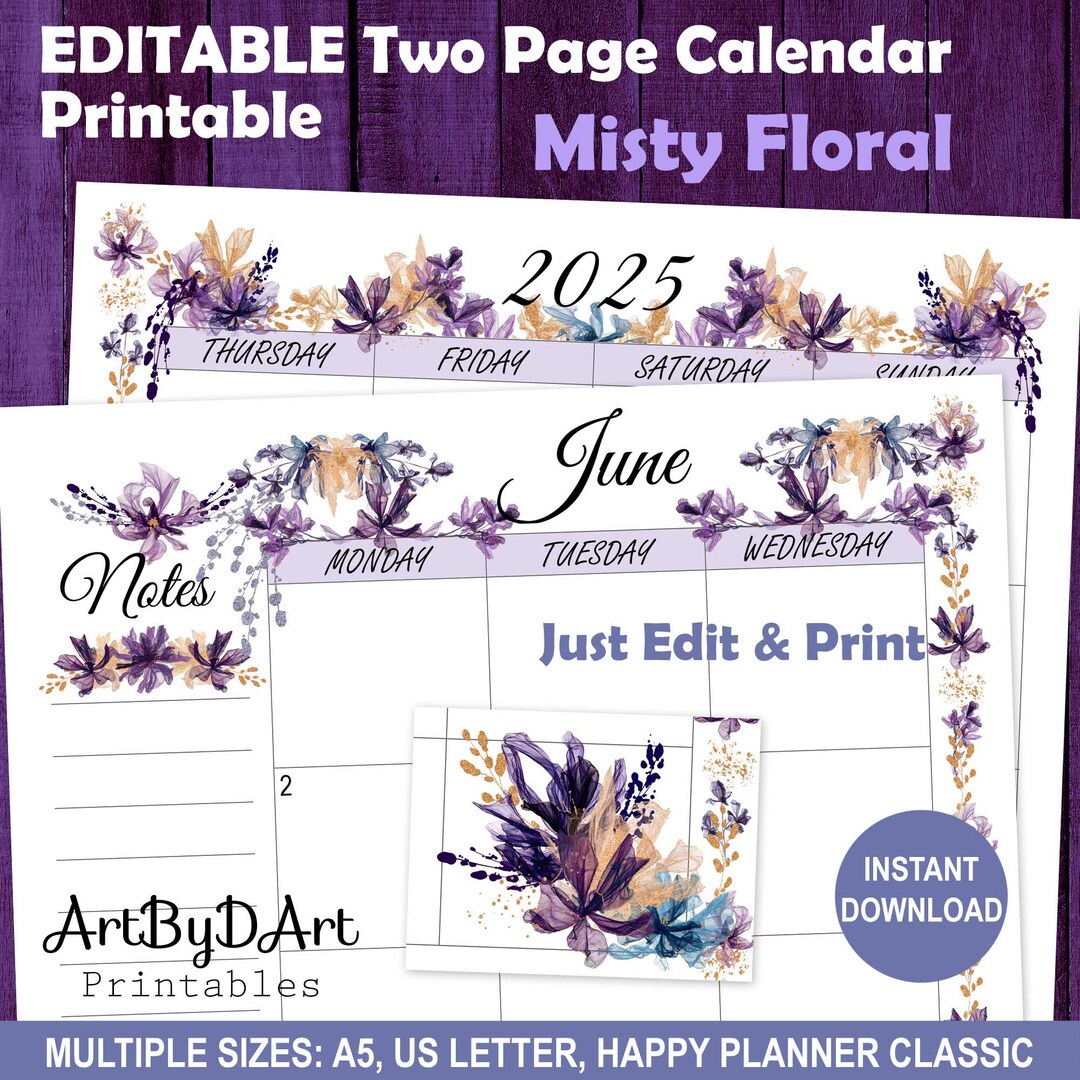 EDITABLE Floral Theme Printable Monthly Calendar for A5, US Letter, and ...