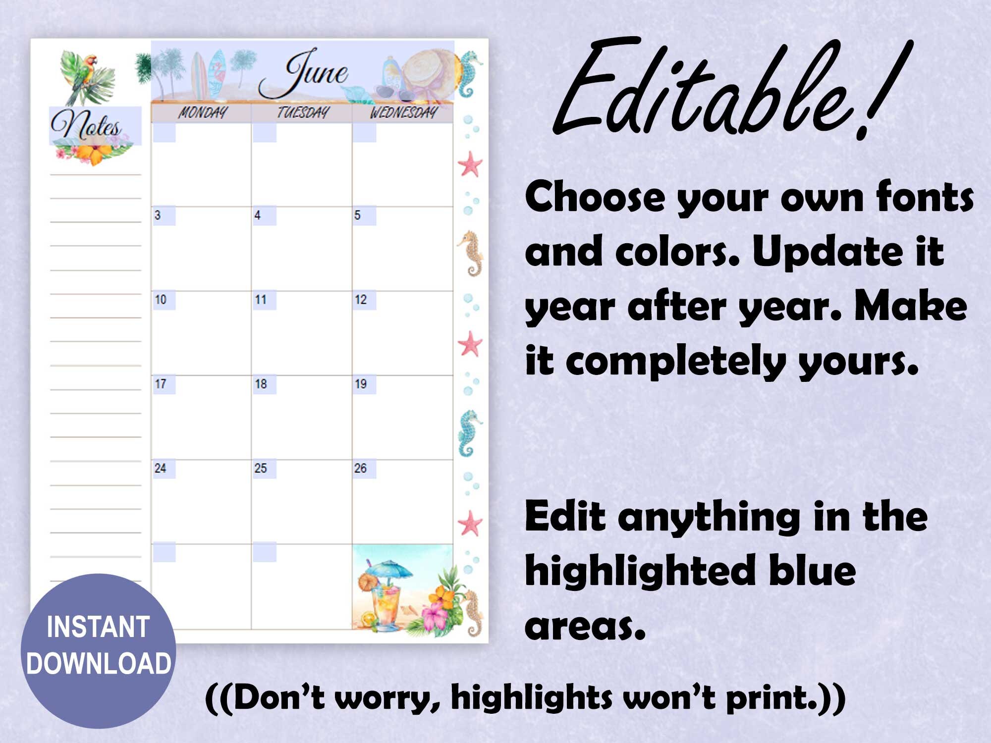 EDITABLE Beach Theme Printable Monthly Calendar for A5, US Letter, and ...