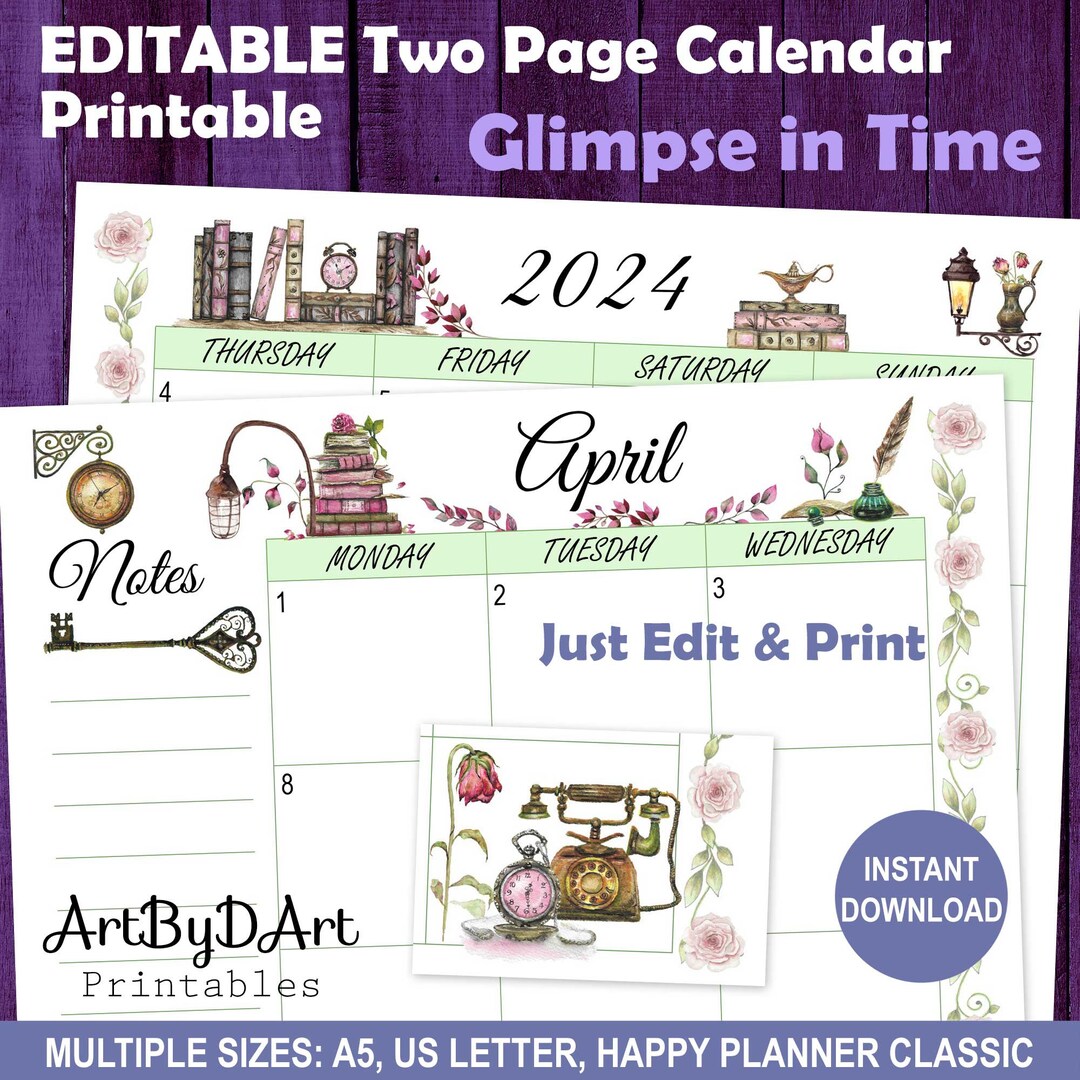 EDITABLE Vintage Theme Printable Monthly Calendar for A5, US Letter ...