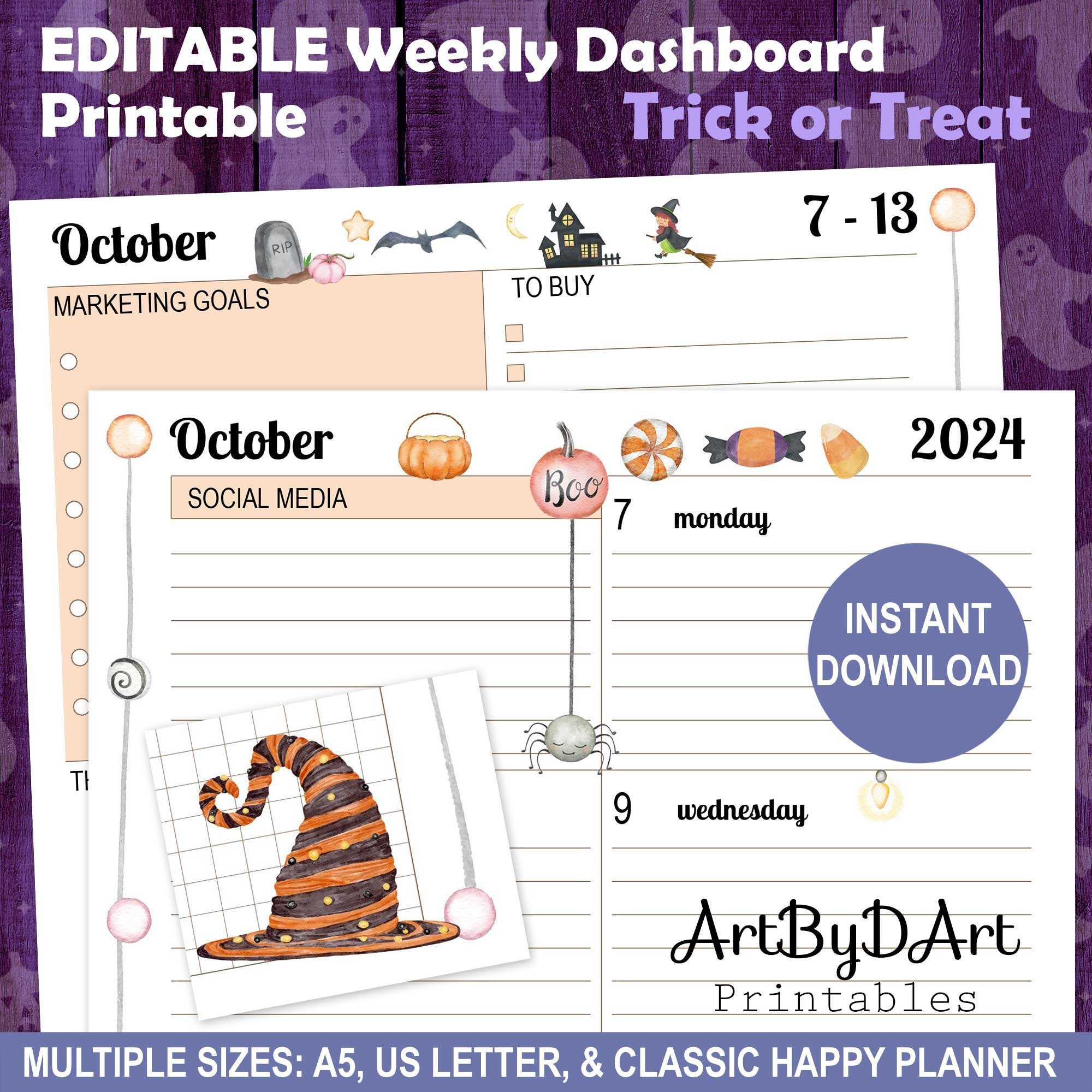 EDITABLE Halloween Theme Printable Weekly Dashboard for A5, US Letter ...