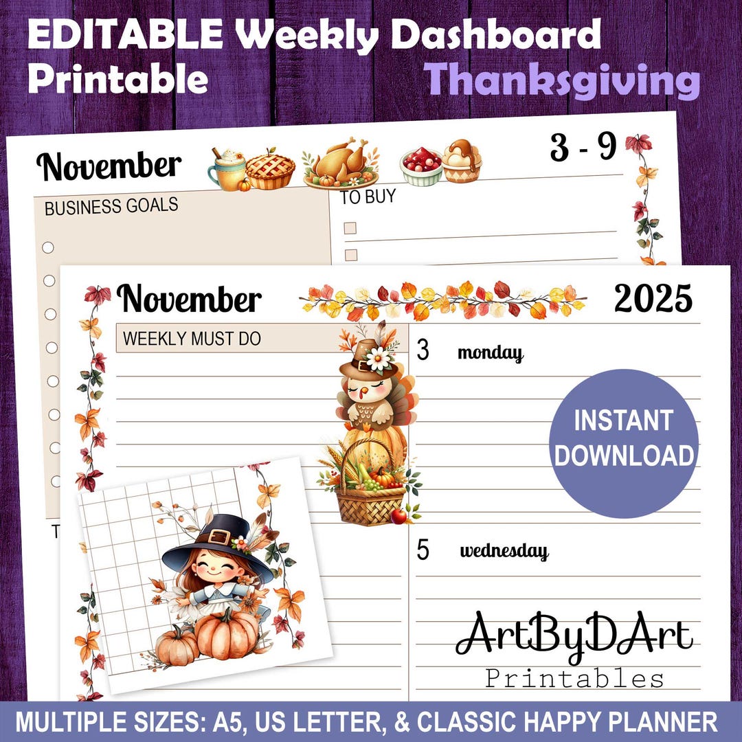 EDITABLE Thanksgiving Theme Printable Weekly Dashboard for A5, US ...