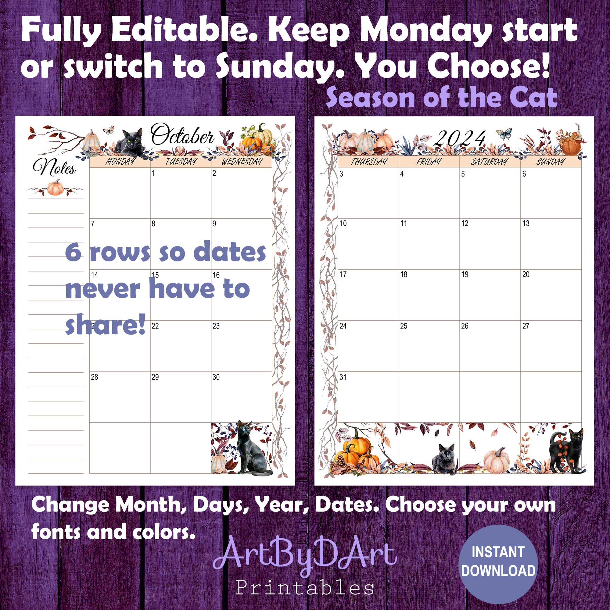 EDITABLE Halloween Theme Printable Monthly Calendar for A5, US Letter ...