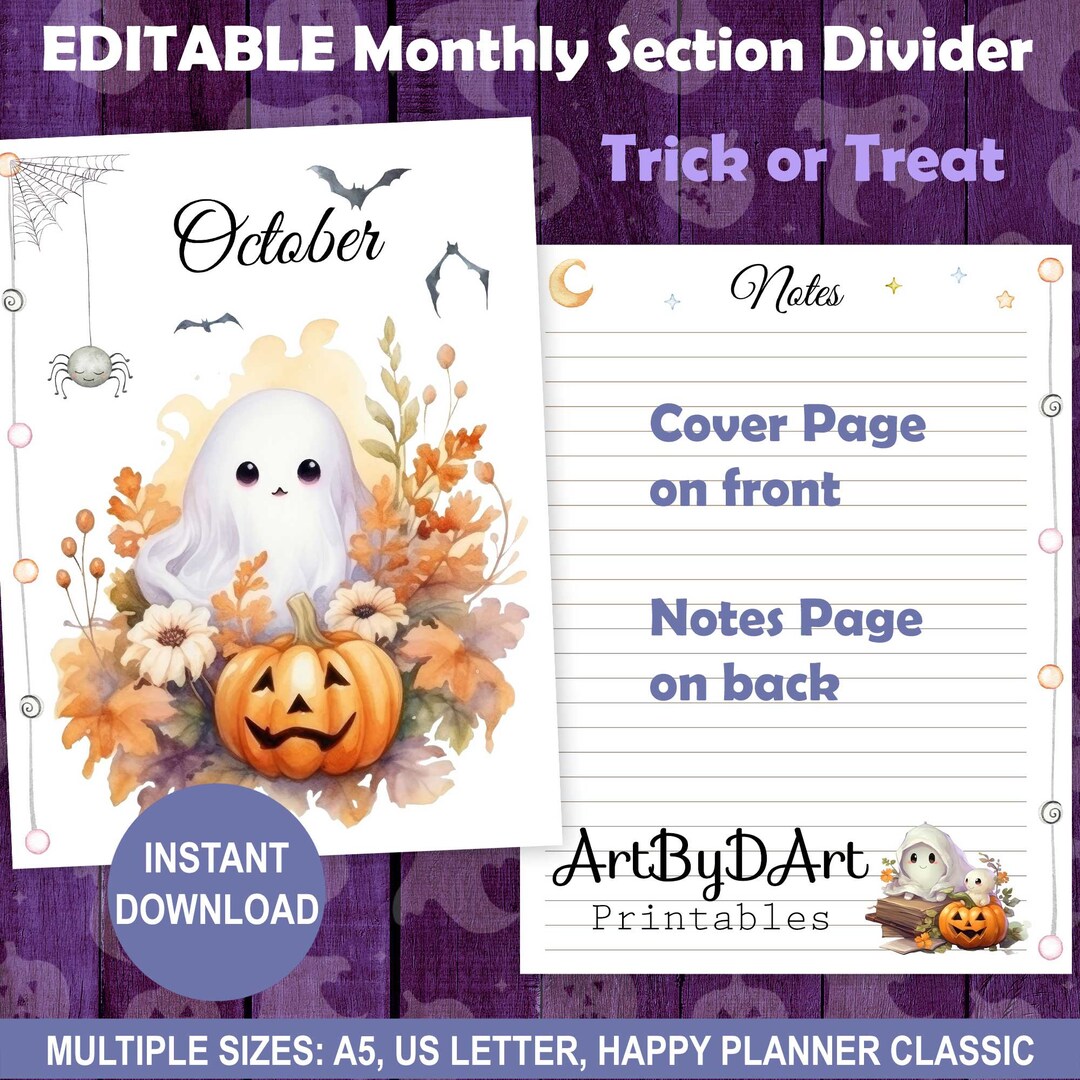 EDITABLE Halloween Theme Printable Divider/cover & Notes for A5, US ...