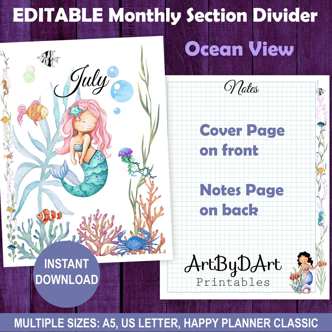 EDITABLE Mermaid Theme Printable Divider/cover & Notes for A5, US ...