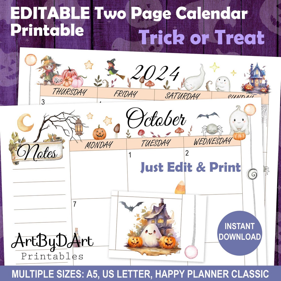 EDITABLE Halloween Theme Printable Monthly Calendar for A5, US Letter ...