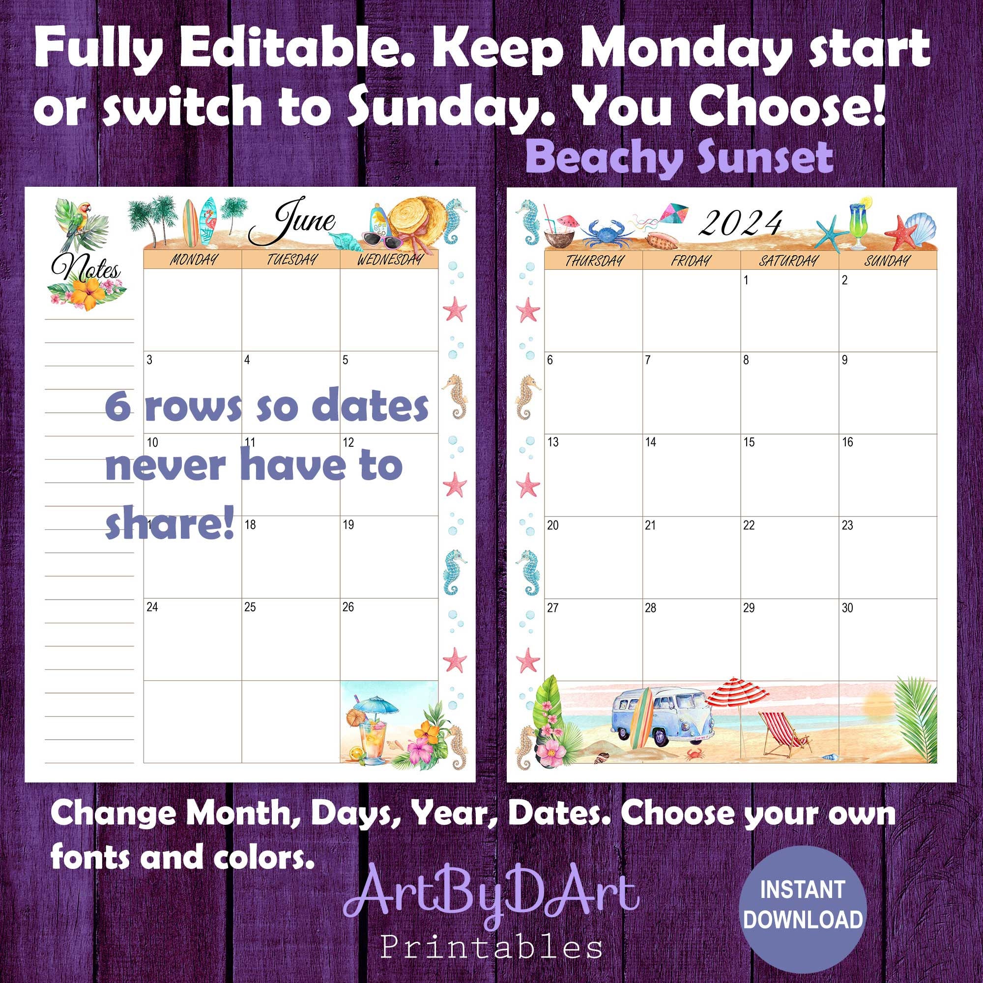 EDITABLE Beach Theme Printable Monthly Calendar for A5, US Letter, and ...