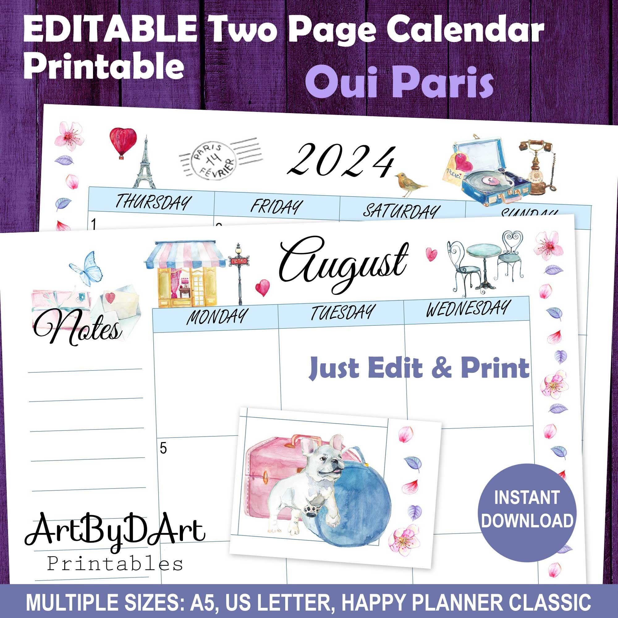 EDITABLE Parisian Theme Printable Monthly Calendar for A5, US Letter ...