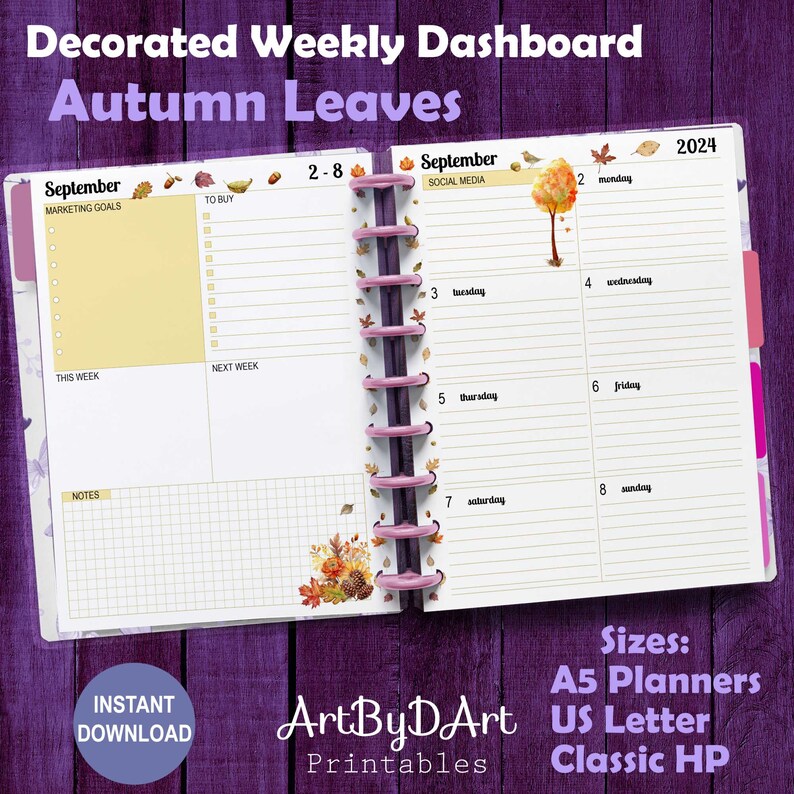 EDITABLE Fall Theme Printable Weekly Dashboard for A5, US Letter, and ...