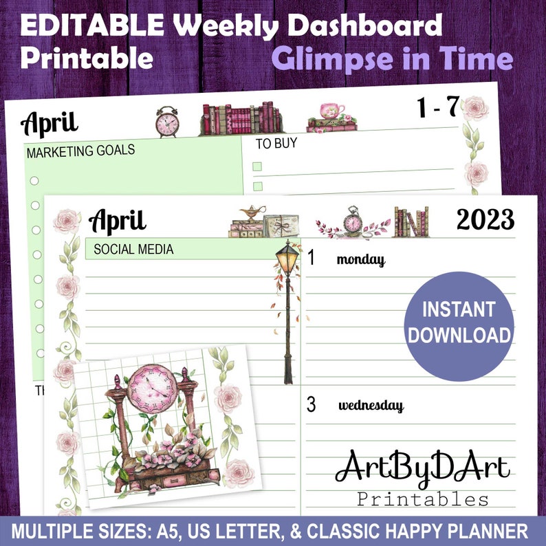 EDITABLE Vintage Theme Printable Weekly Dashboard for A5, US Letter ...