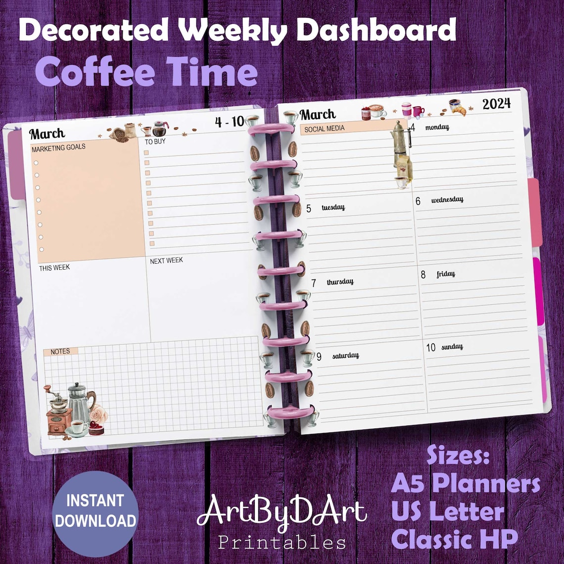 EDITABLE Coffee Theme Printable Weekly Dashboard for A5, US Letter, and ...