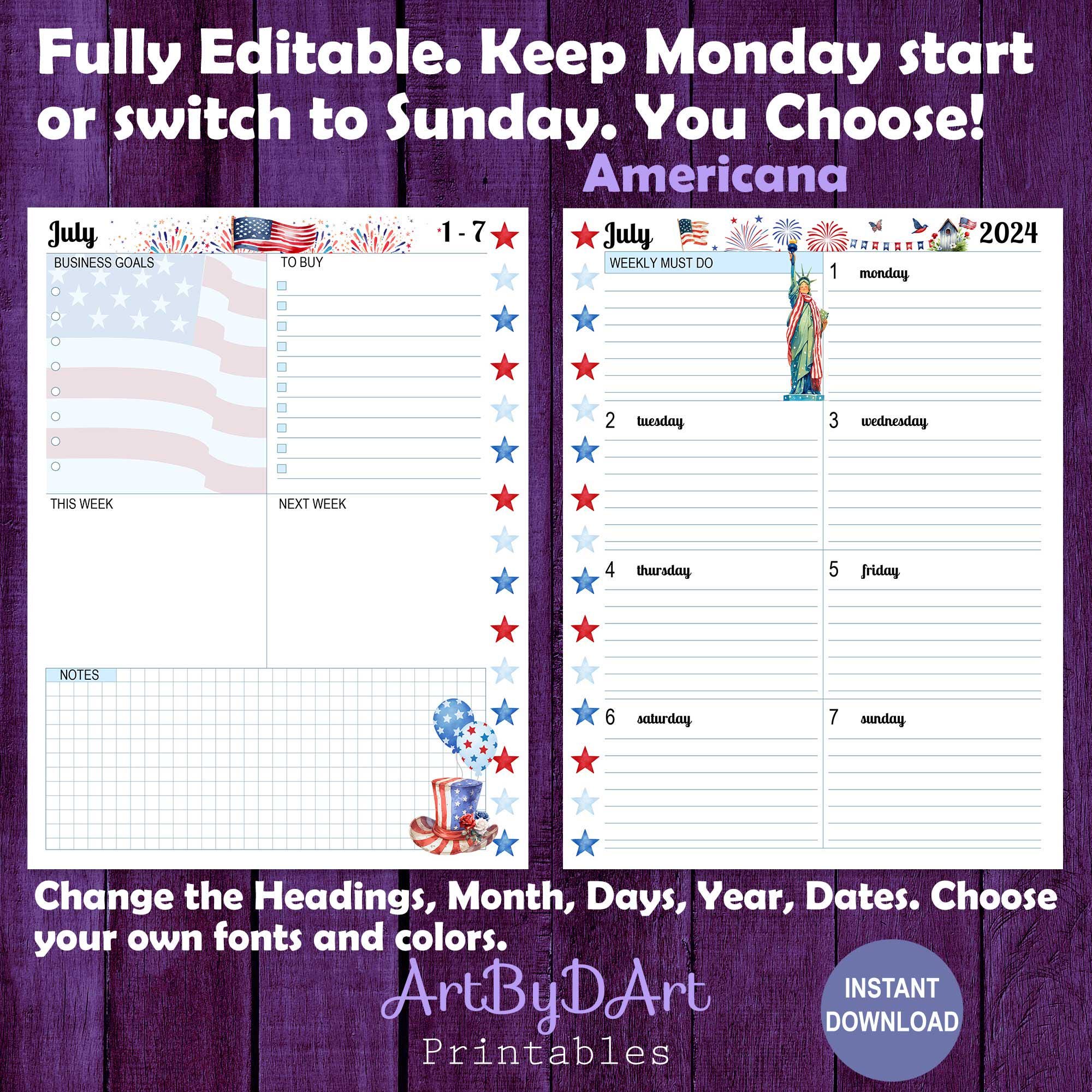 EDITABLE Fourth of July Theme Printable Weekly Dashboard for A5, US ...