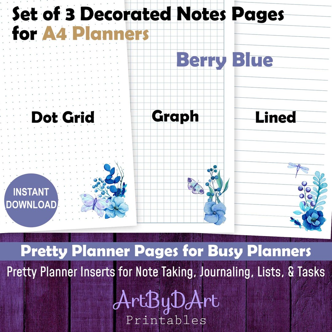 EDITABLE Planner Printable Notes Pages for A4 Planners, Berry Blue ...