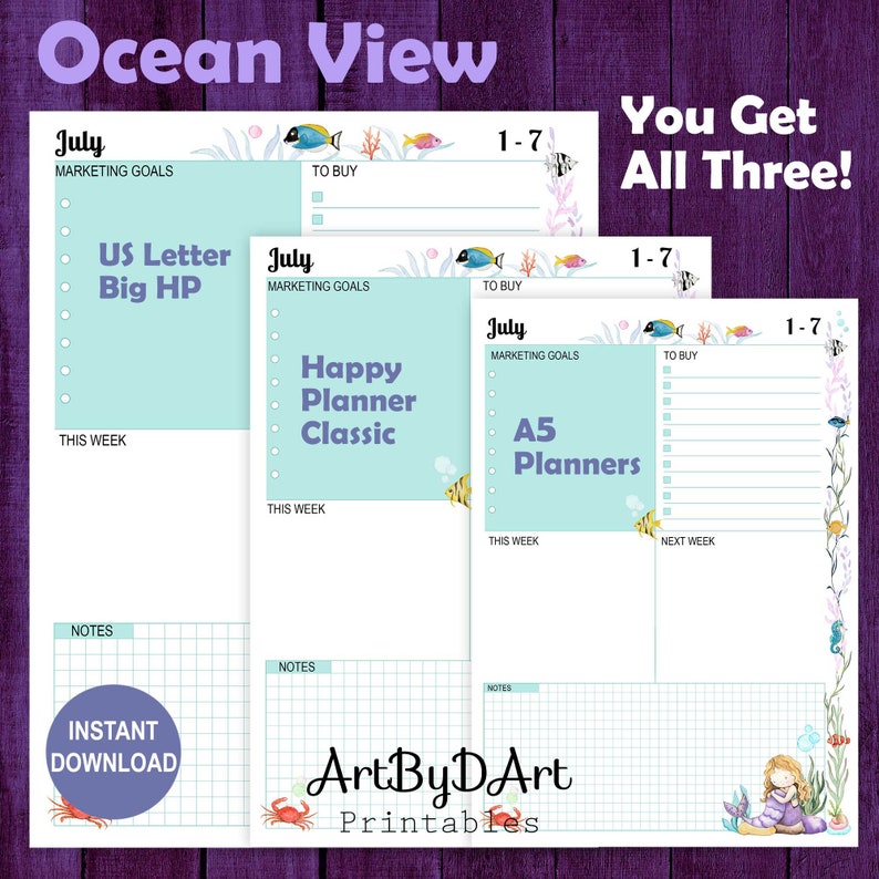 EDITABLE Mermaid Theme Printable Weekly Dashboard for A5, US Letter ...