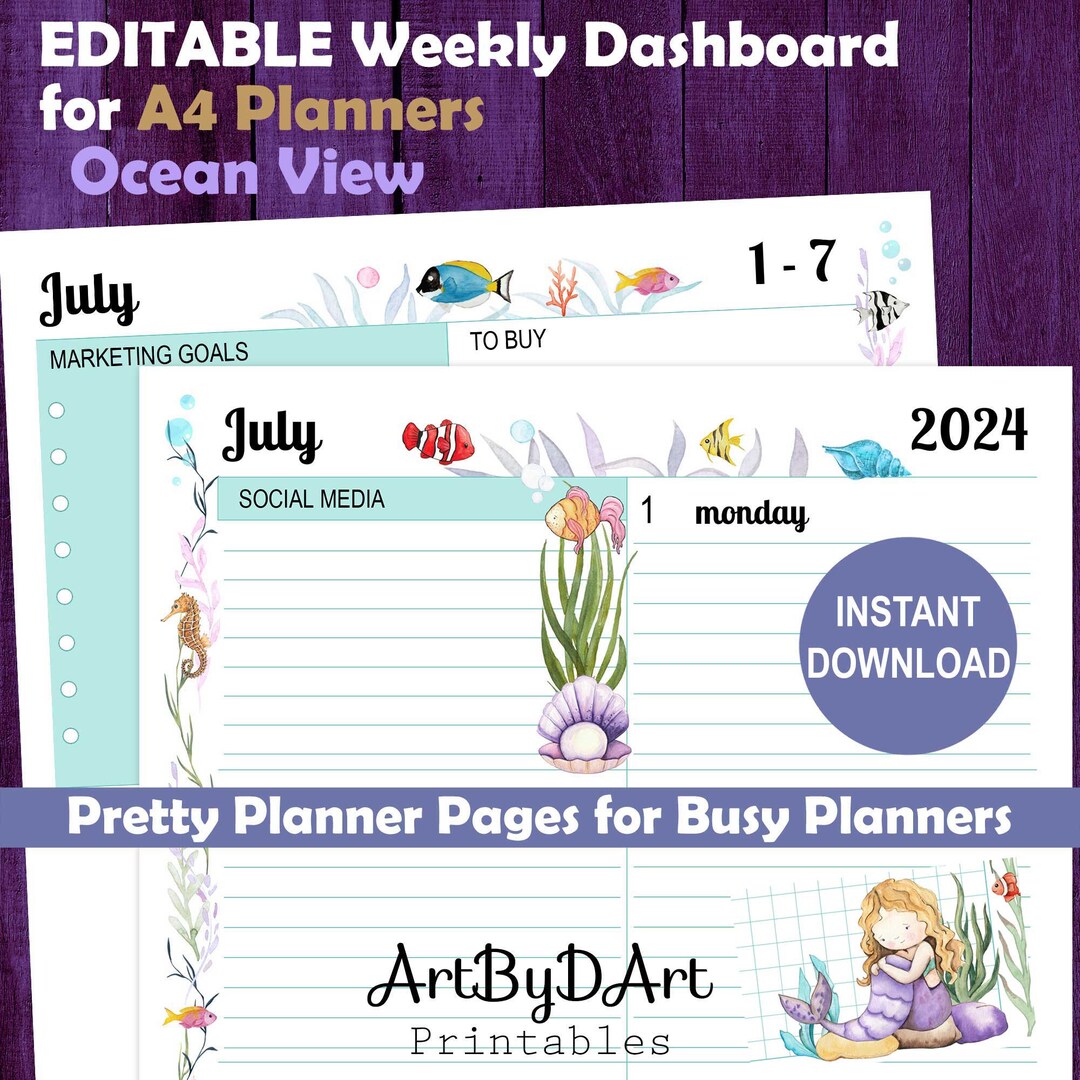 EDITABLE A4 Planner Printable Dashboard Weekly Layout with an Ocean ...