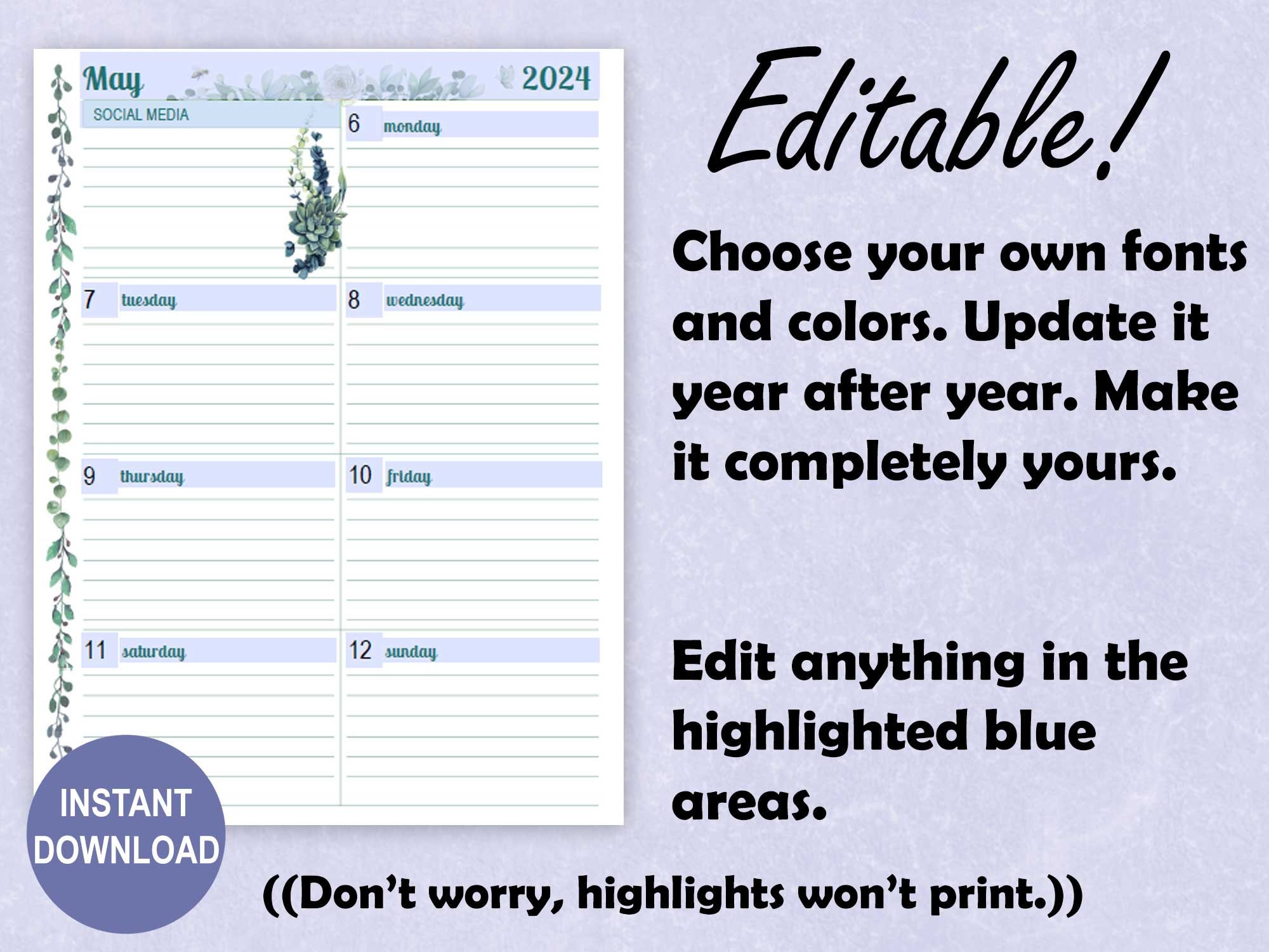EDITABLE Plant Theme Printable Weekly Dashboard for A5, US Letter, and ...