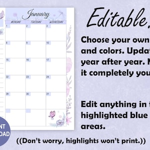EDITABLE Floral Theme Printable Monthly Calendar for A5, US Letter, and ...