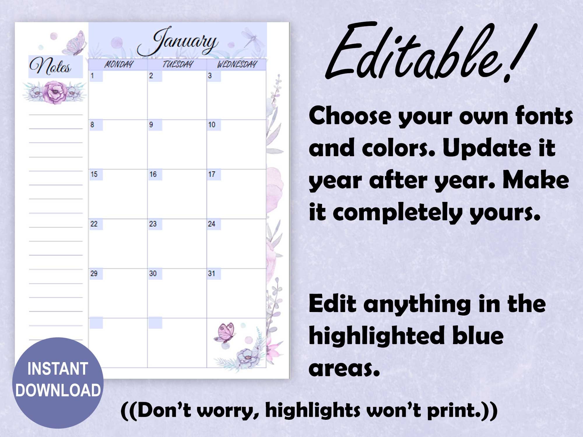 EDITABLE Floral Theme Printable Monthly Calendar for A5, US Letter, and ...