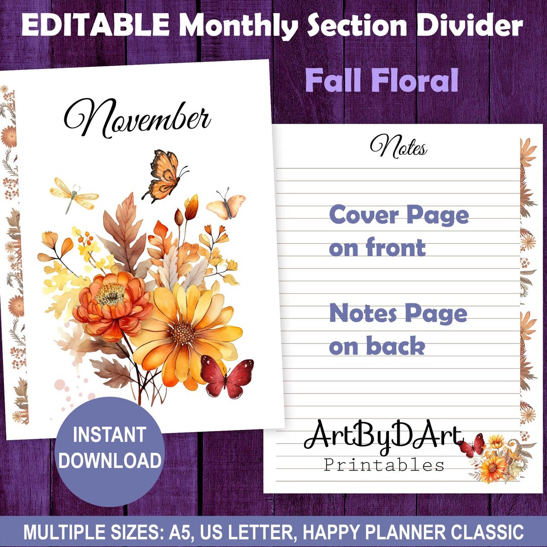 EDITABLE Autumn Theme Printable Divider/cover & Notes for A5, US Letter ...