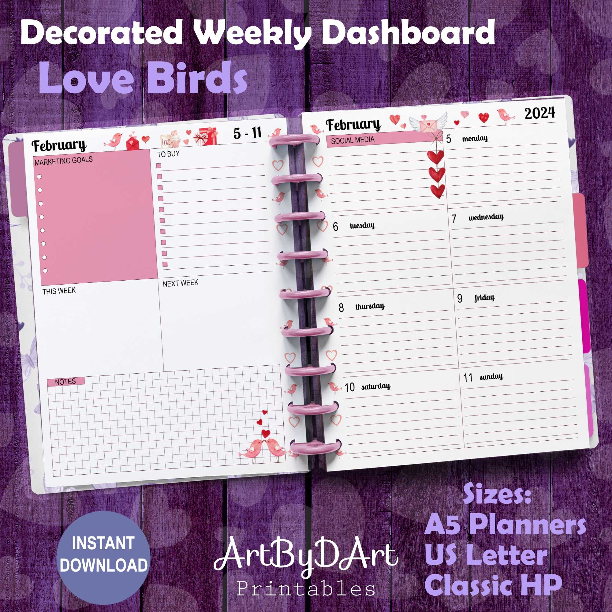 EDITABLE Valentine Theme Printable Weekly Dashboard for A5, US Letter ...