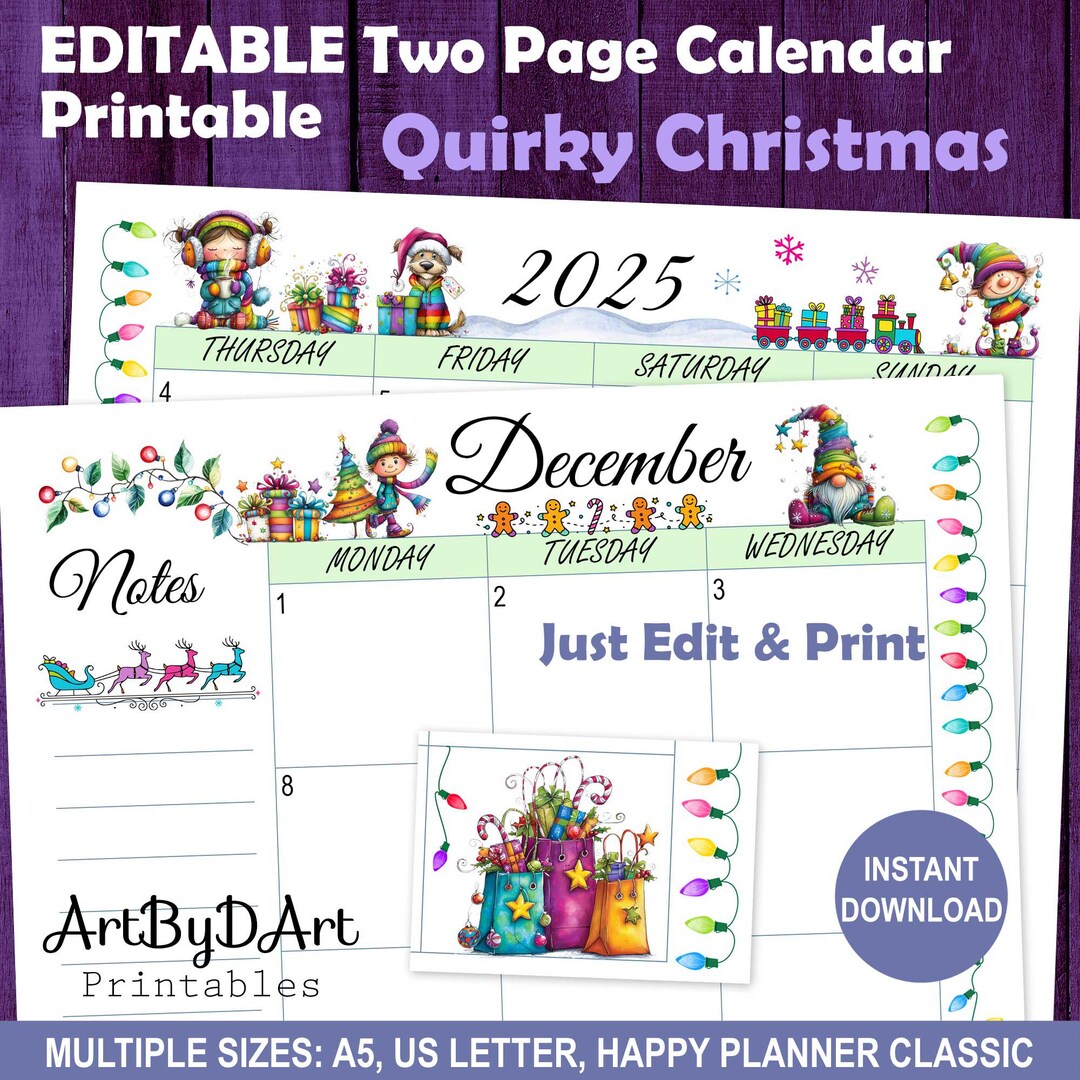 EDITABLE Christmas Theme Printable Monthly Calendar for A5, US Letter ...