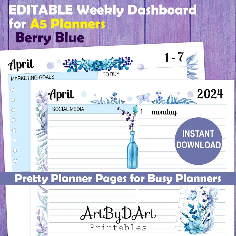EDITABLE A5 Planner Printable Dashboard Weekly Layout in Berry Blue ...