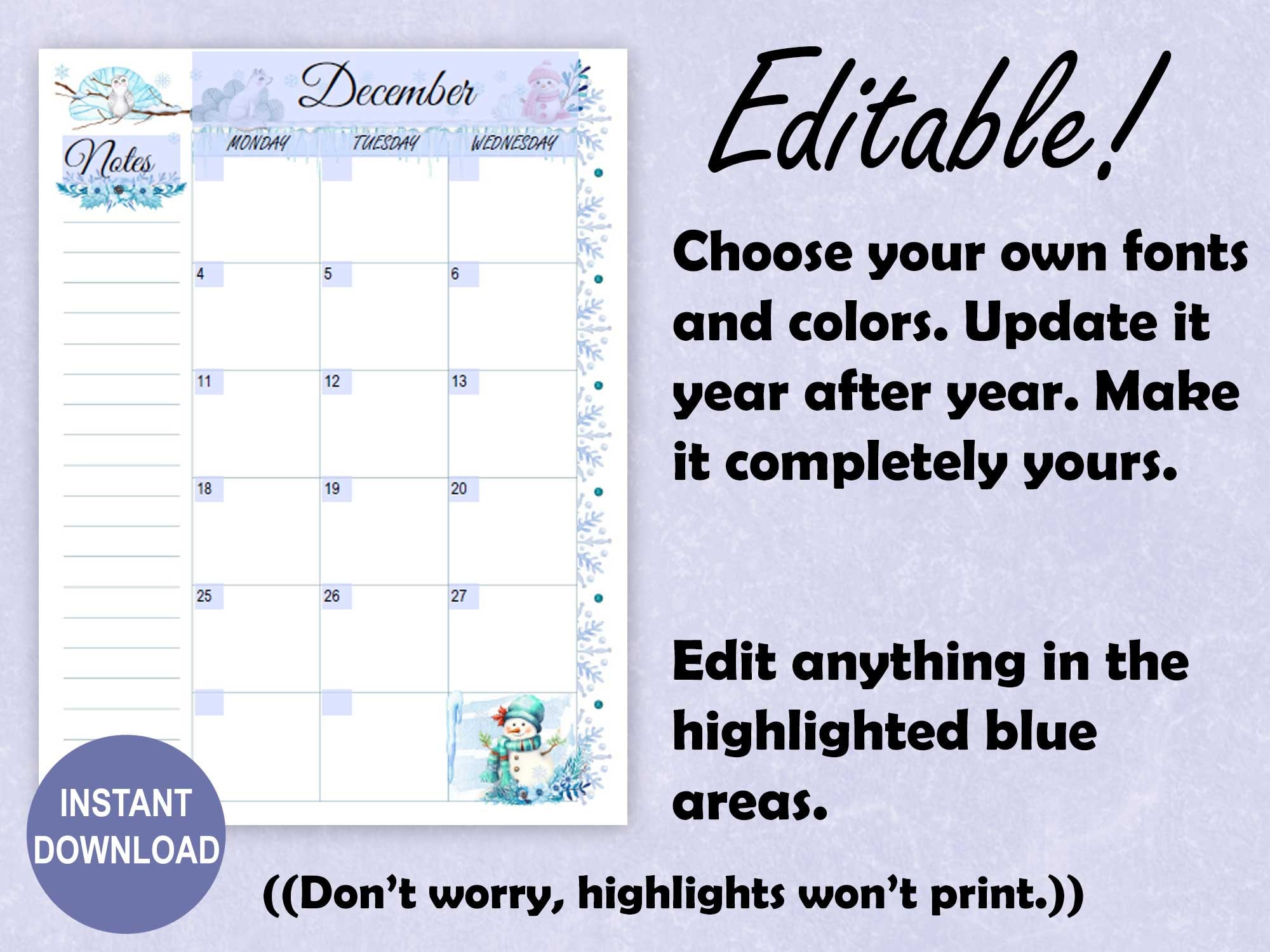 EDITABLE Winter Theme Printable Monthly Calendar for A5, US Letter, and ...