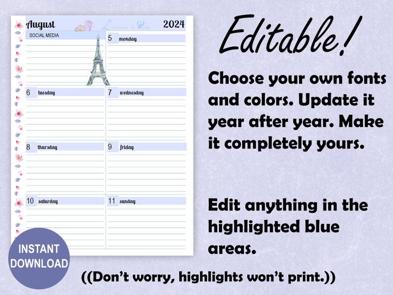 EDITABLE Parisian Theme Printable Weekly Dashboard for A5, US Letter ...