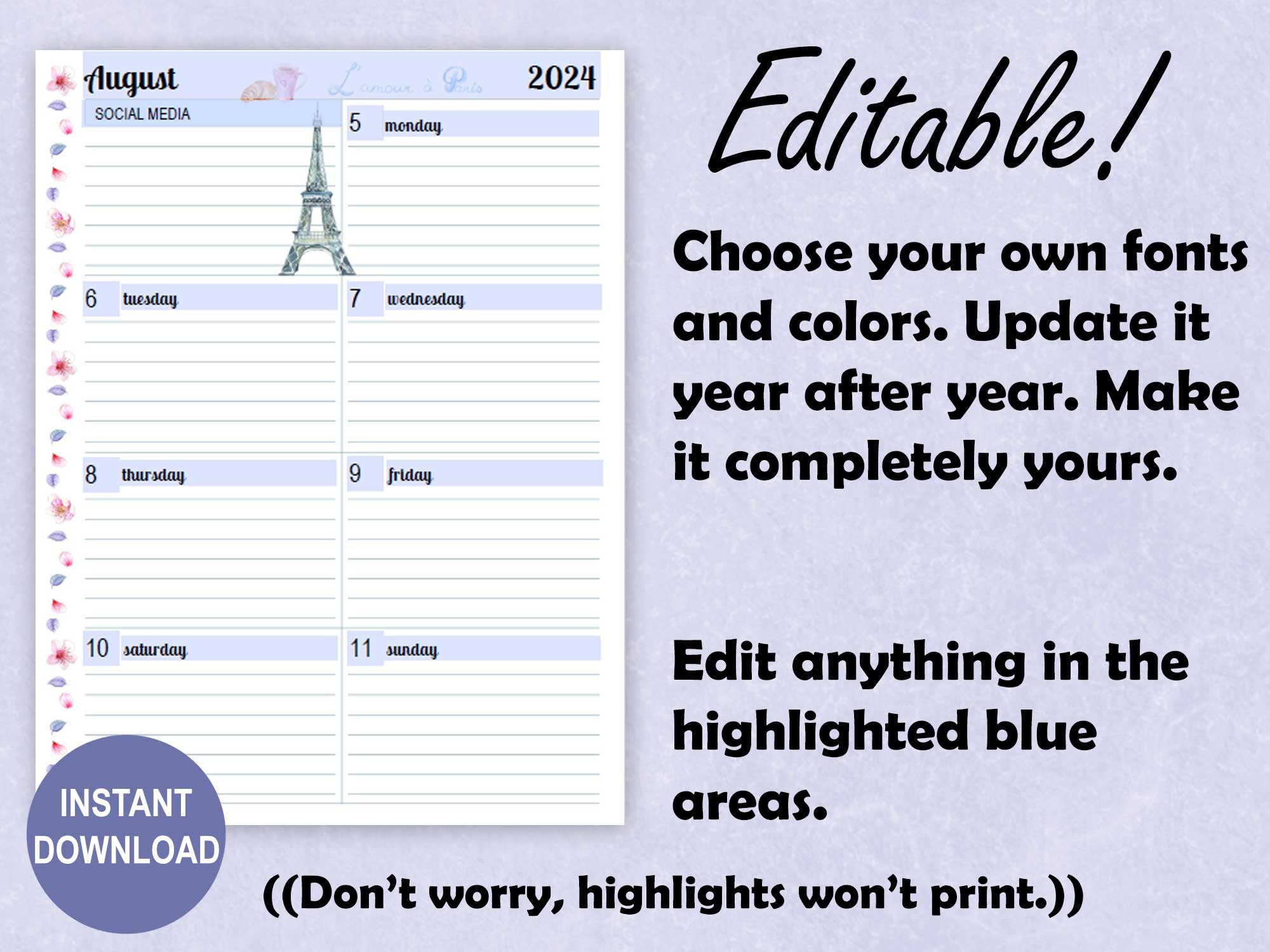 EDITABLE Parisian Theme Printable Weekly Dashboard for A5, US Letter ...