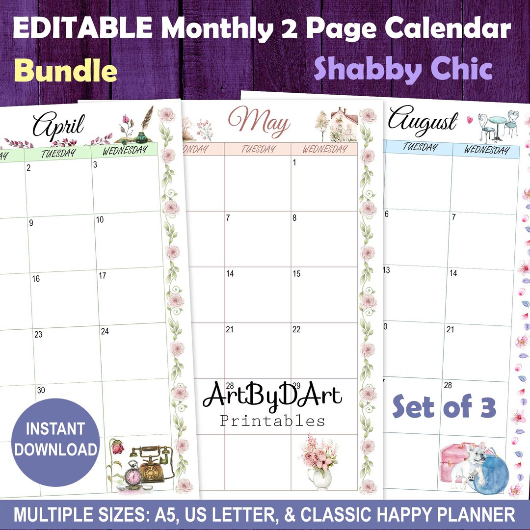 EDITABLE Shabby Chic Printable Calendar Bundle of 3 Designs for A5, US ...