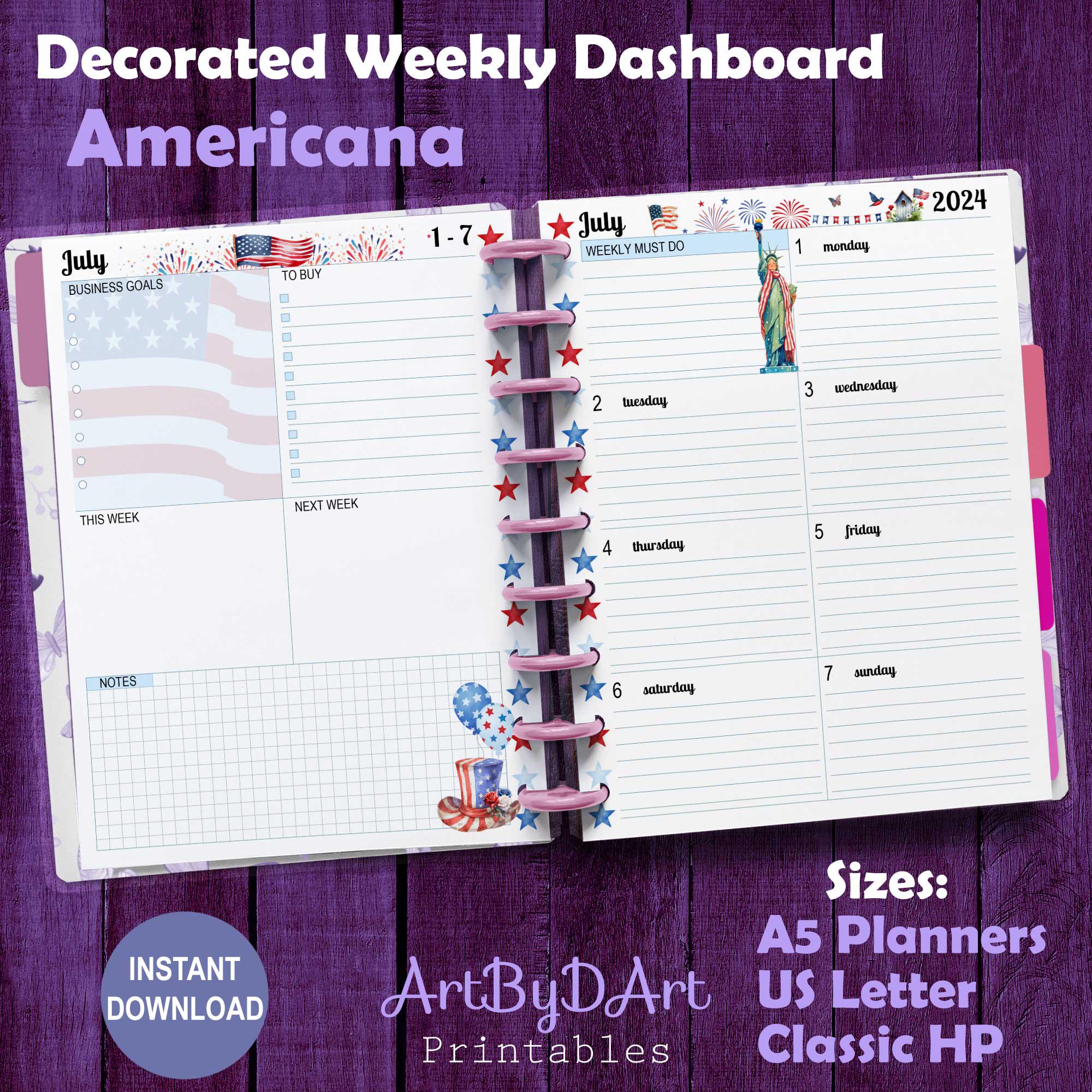 EDITABLE Fourth of July Theme Printable Weekly Dashboard for A5, US ...