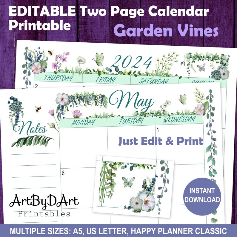 EDITABLE Plant Theme Printable Monthly Calendar for A5, US Letter, and ...