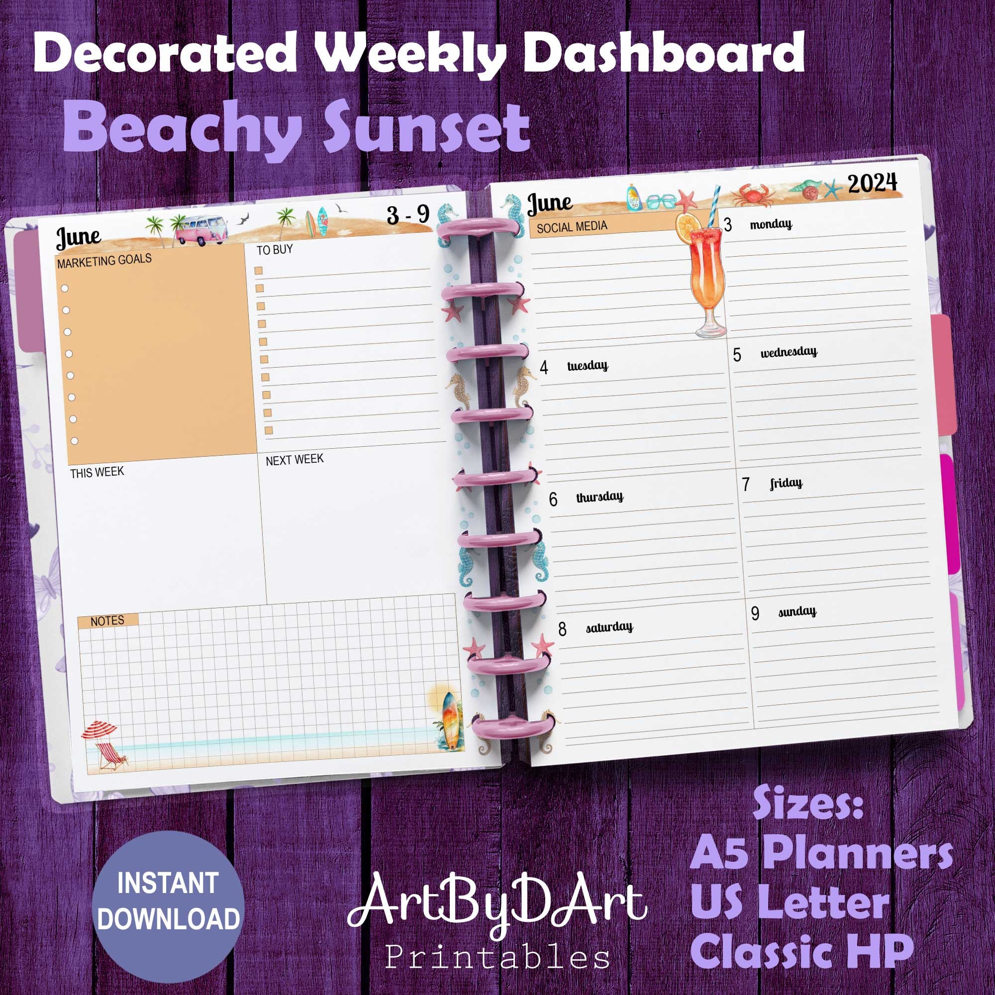 EDITABLE Beach Theme Printable Weekly Dashboard for A5, US Letter, and ...