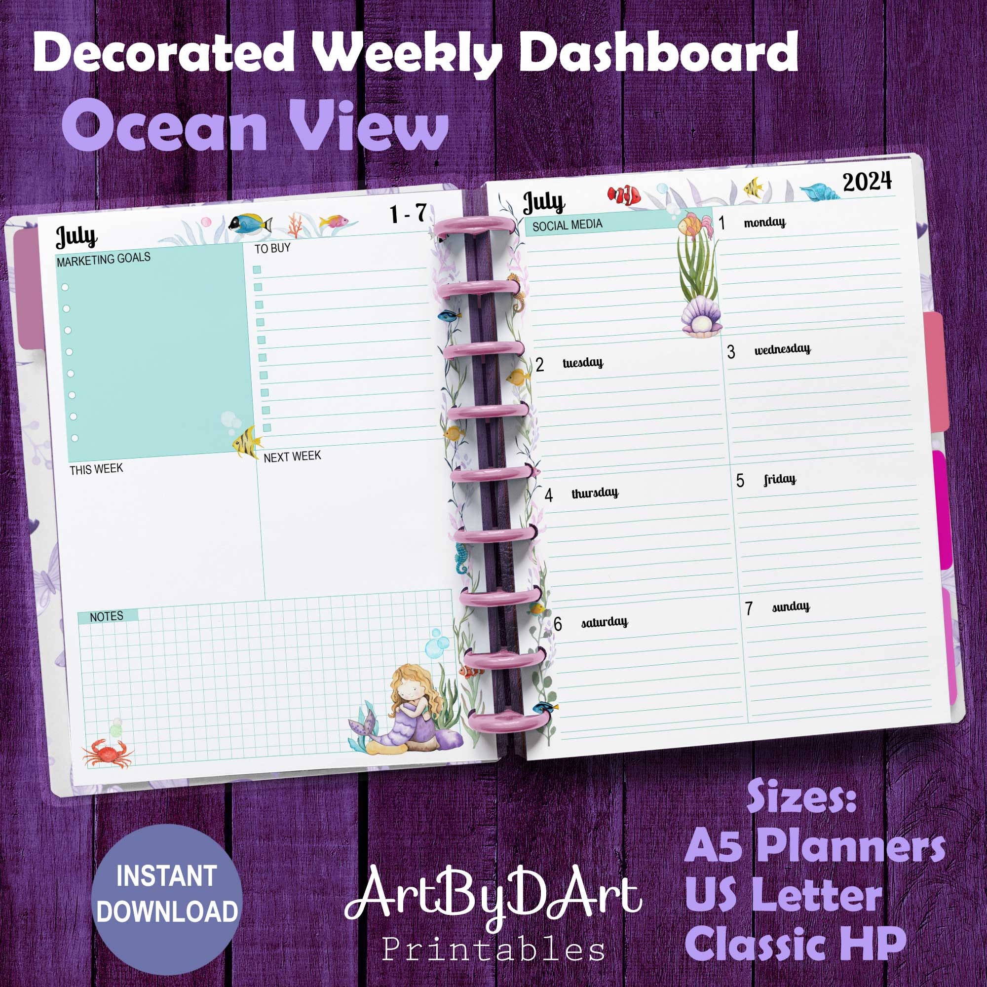 EDITABLE Mermaid Theme Printable Weekly Dashboard for A5, US Letter ...