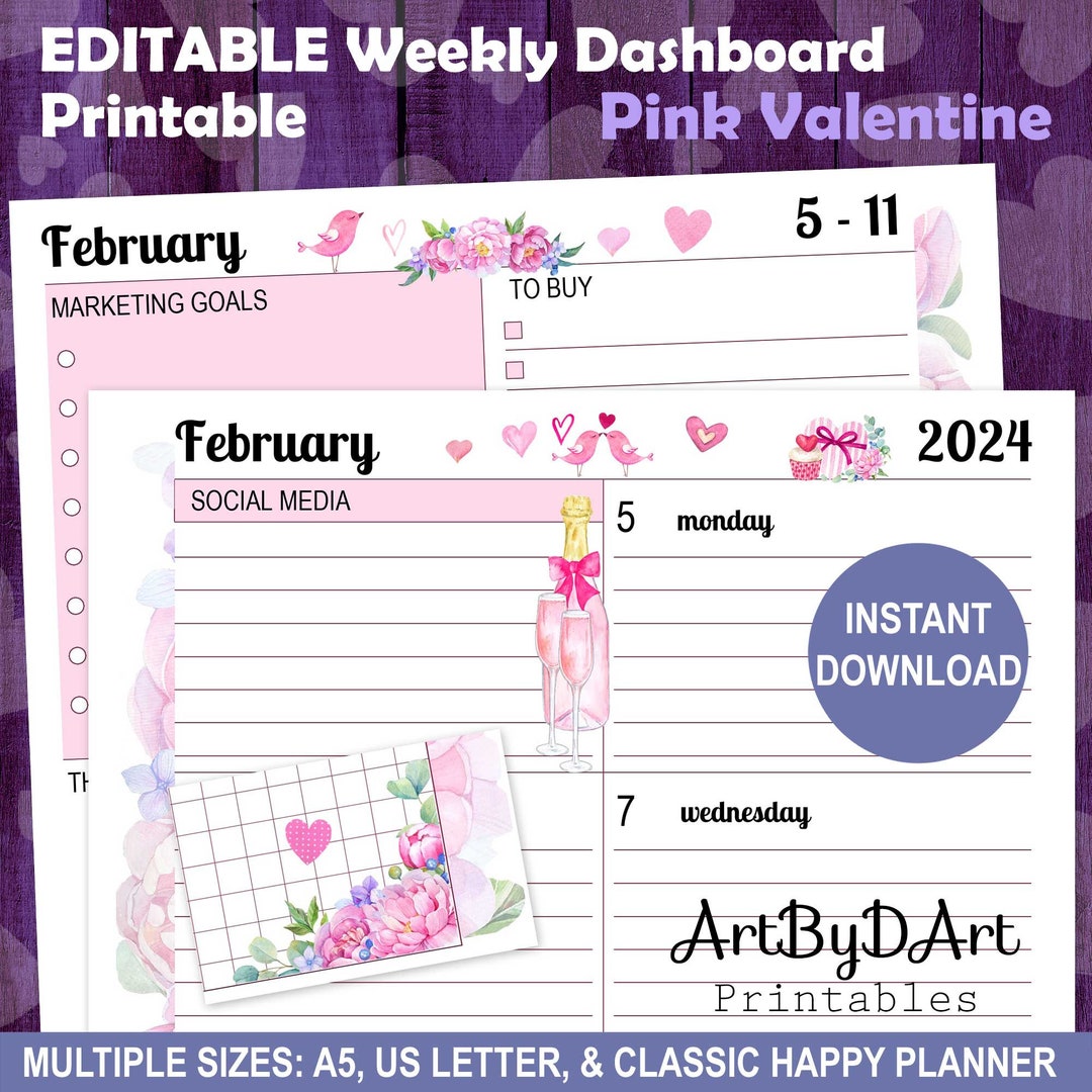 EDITABLE Valentine Theme Printable Weekly Dashboard for A5, US Letter ...